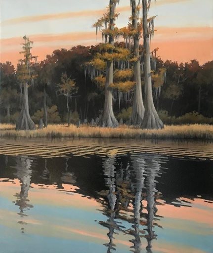 Watercolor painting of trees by the river